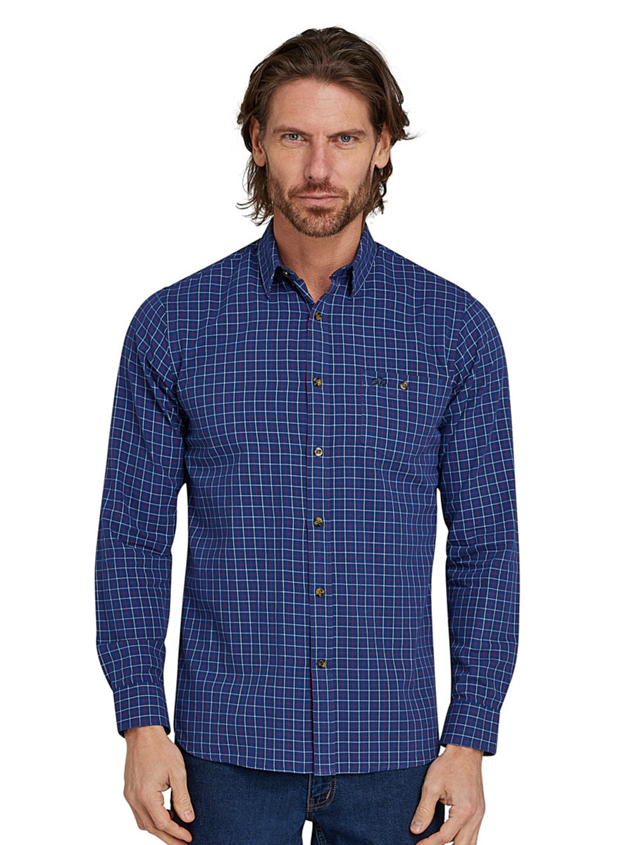Long Sleeve Window Pane Brushed Cotton Shirt - Navy – Raging Bull Clothing