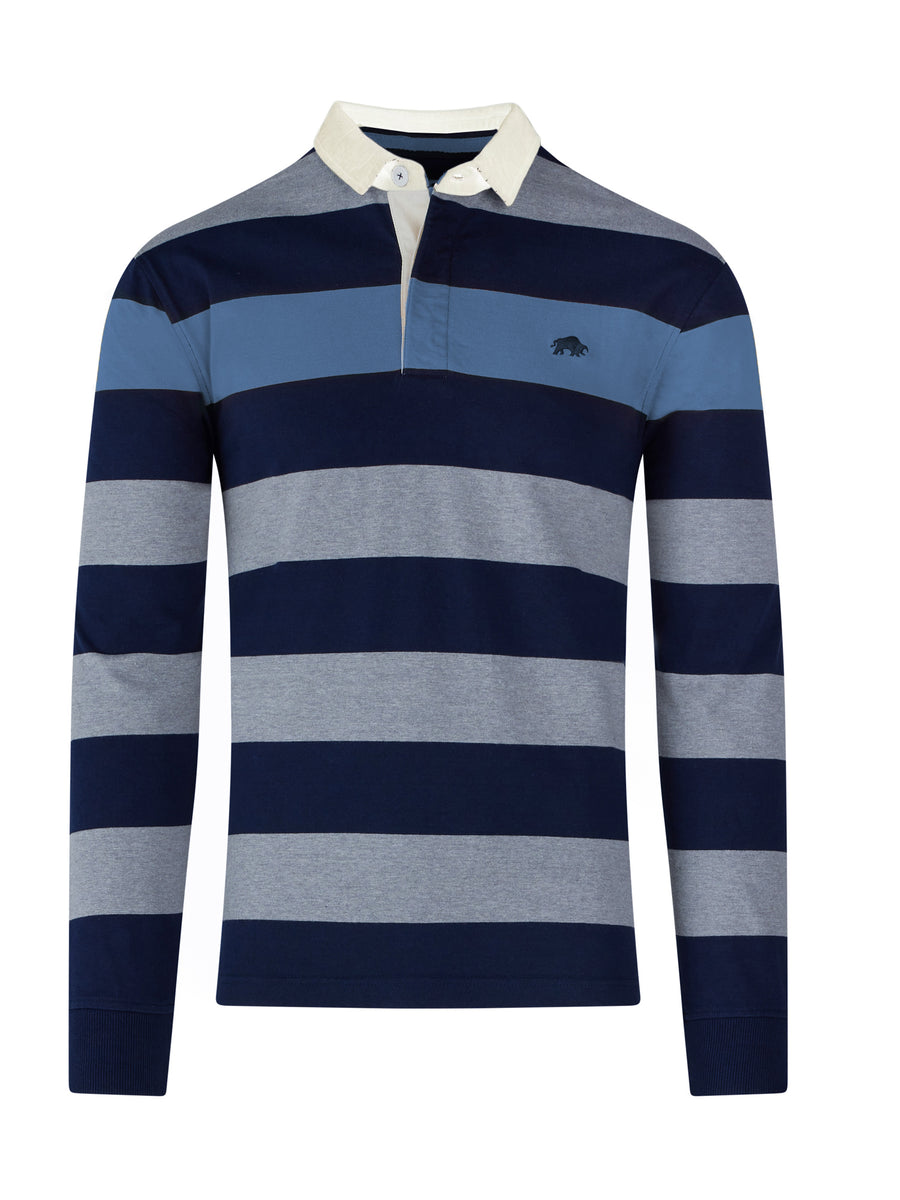 Long Sleeve Irregular Stripe Rugby - Grey & Blue – Raging Bull Clothing