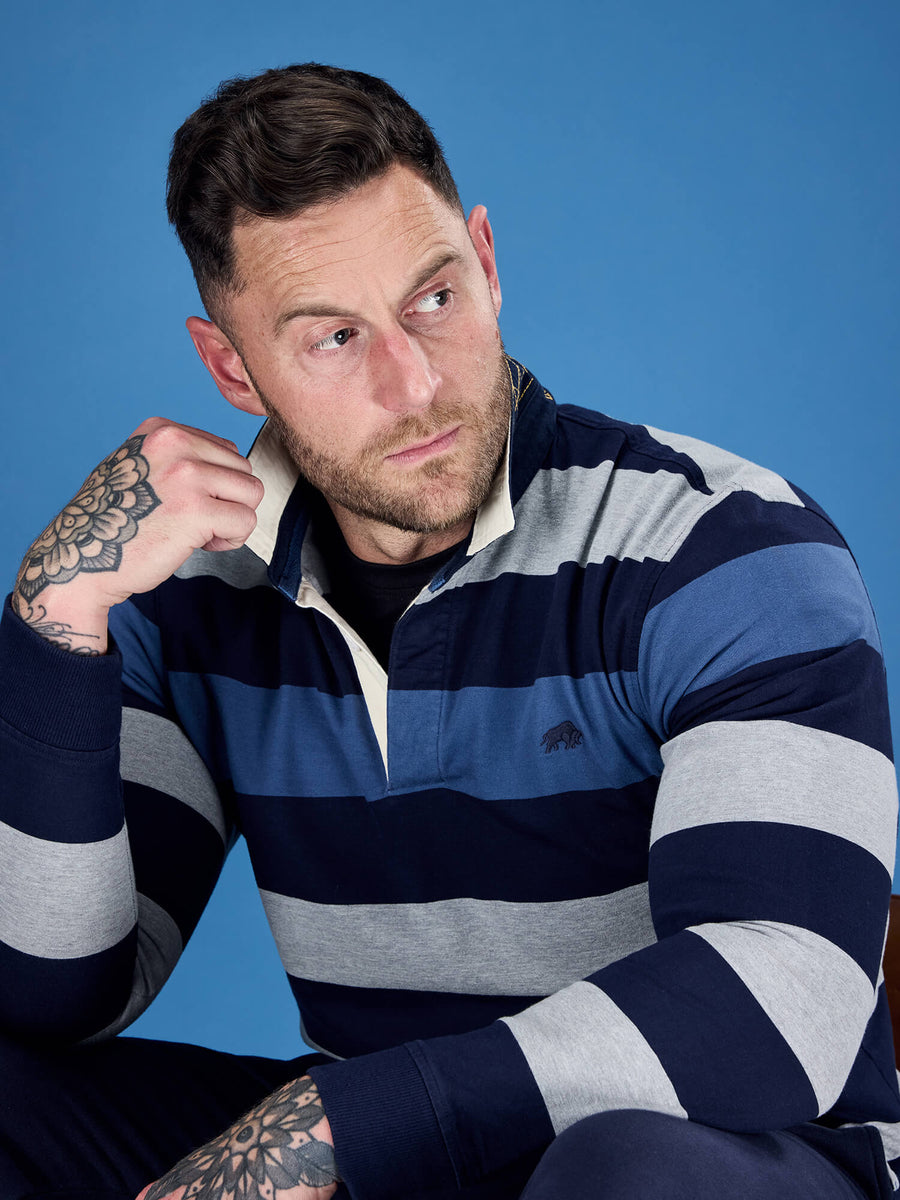Long Sleeve Irregular Stripe Rugby - Grey & Blue – Raging Bull Clothing