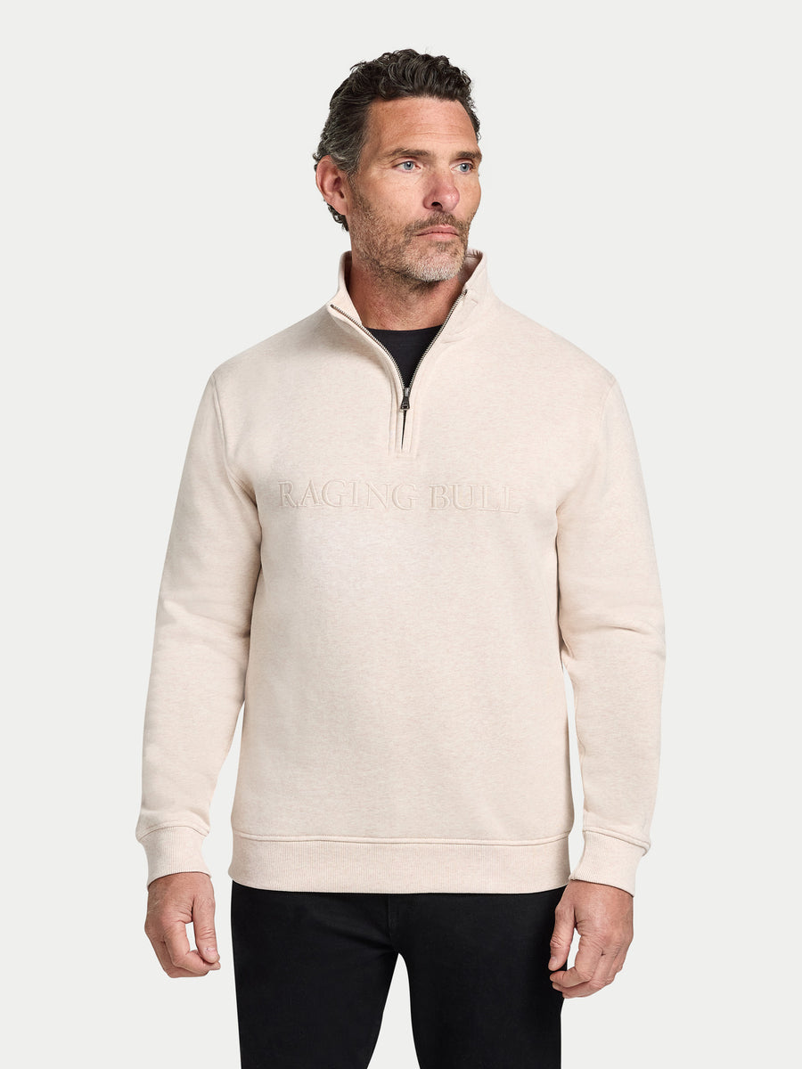 Tonal Embroidered Quarter Zip Sweat - Ecru Marl | Raging Bull Clothing
