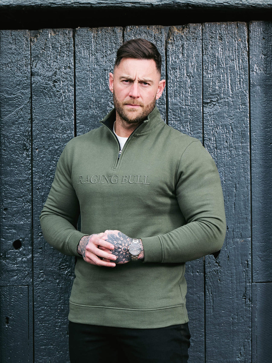 Tonal Embroidered Quarter Zip Sweat - Army Green – Raging Bull Clothing